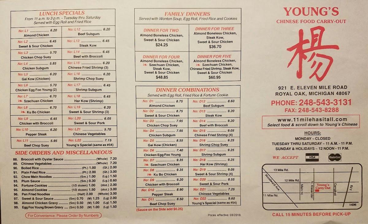 Menu at Young's Chinese Food Carryout restaurant, Royal Oak