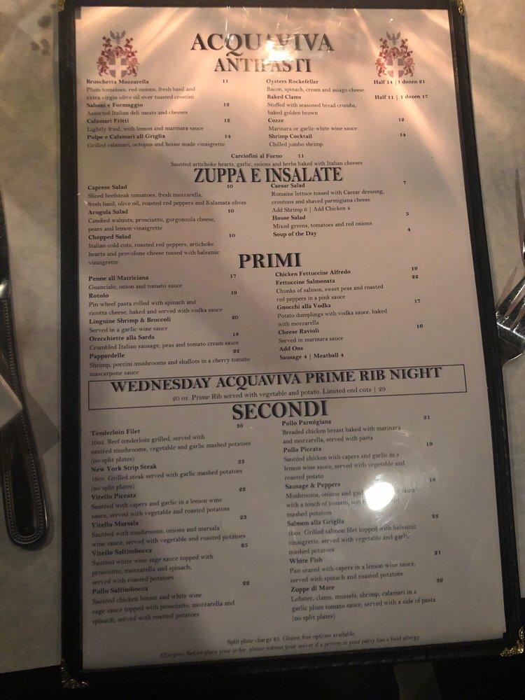 Menu at Acquaviva Winery & Ristorante Batavia restaurant, Batavia