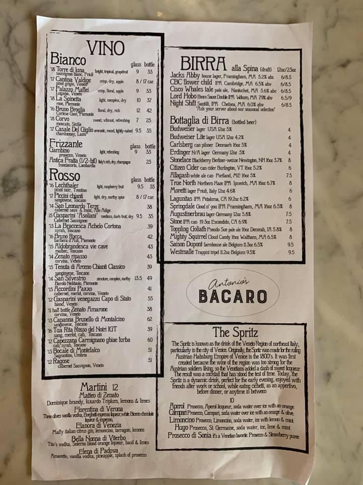Menu at Antonio's Bacaro restaurant, Boston
