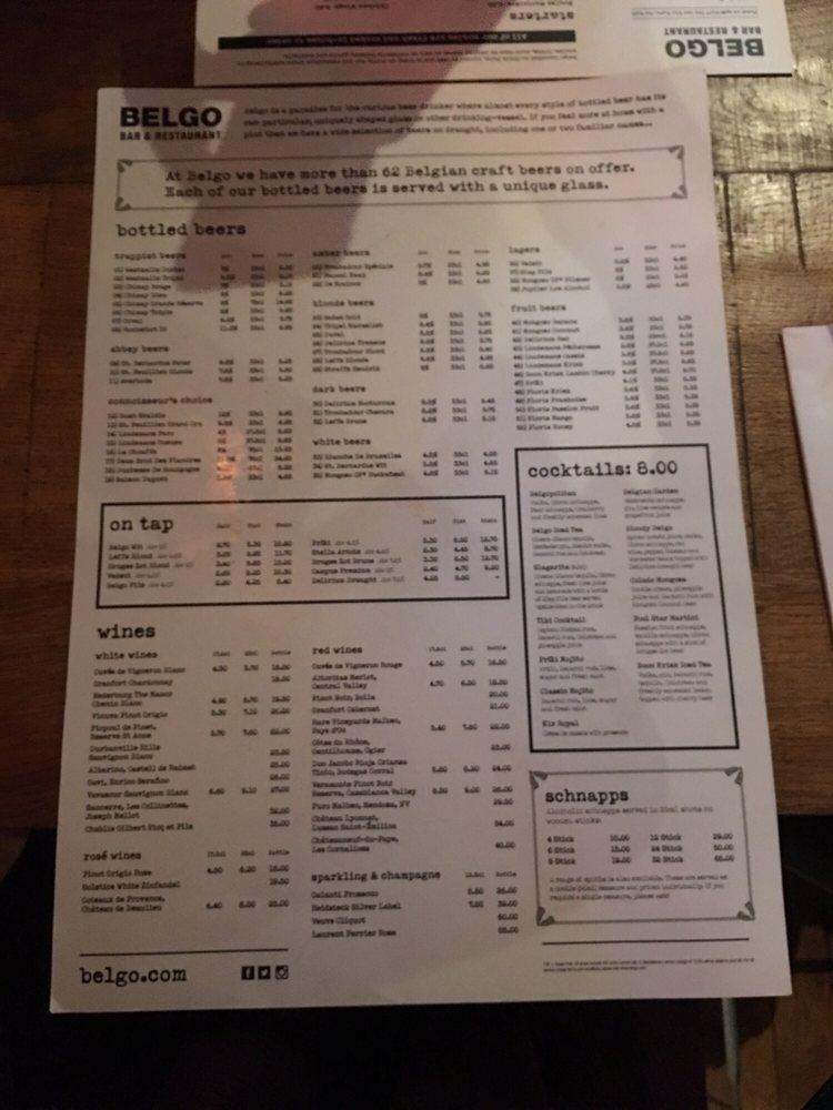 Menu at Belgo restaurant, London, 29-31 Old Compton Street