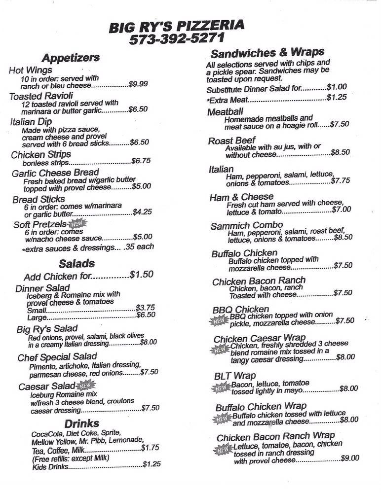 Menu at Big Ry's Pizzeria, USA