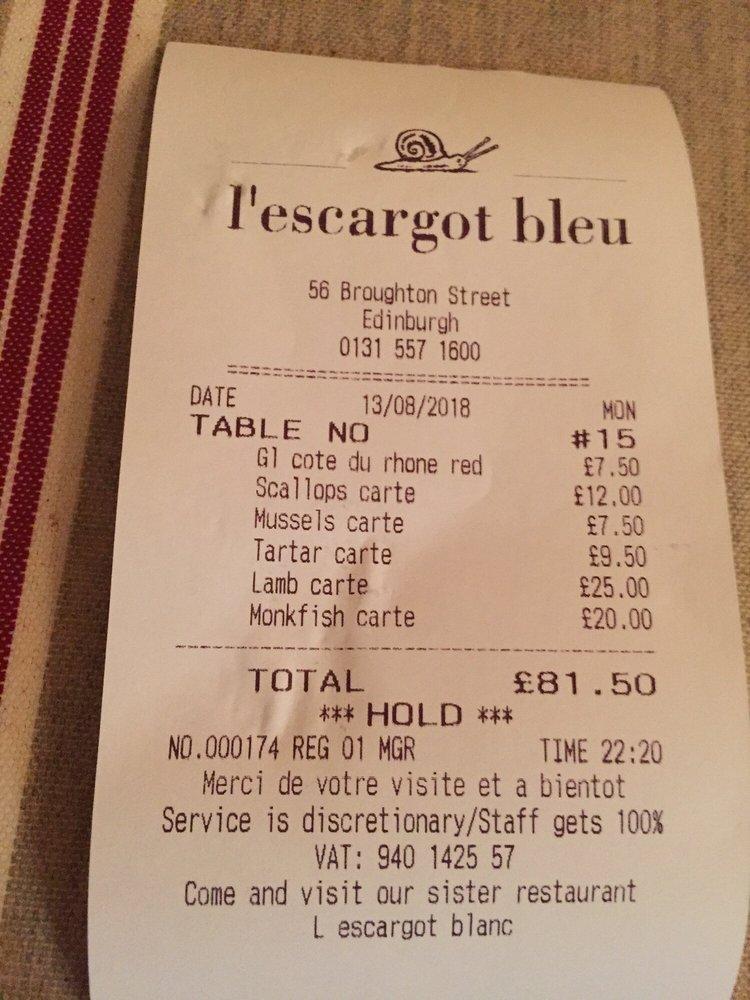 Menu at L'Escargot Bleu Restaurant and Wine Bar, Edinburgh