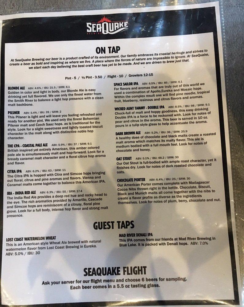 Menu at SeaQuake Brewing pizzeria, Crescent City