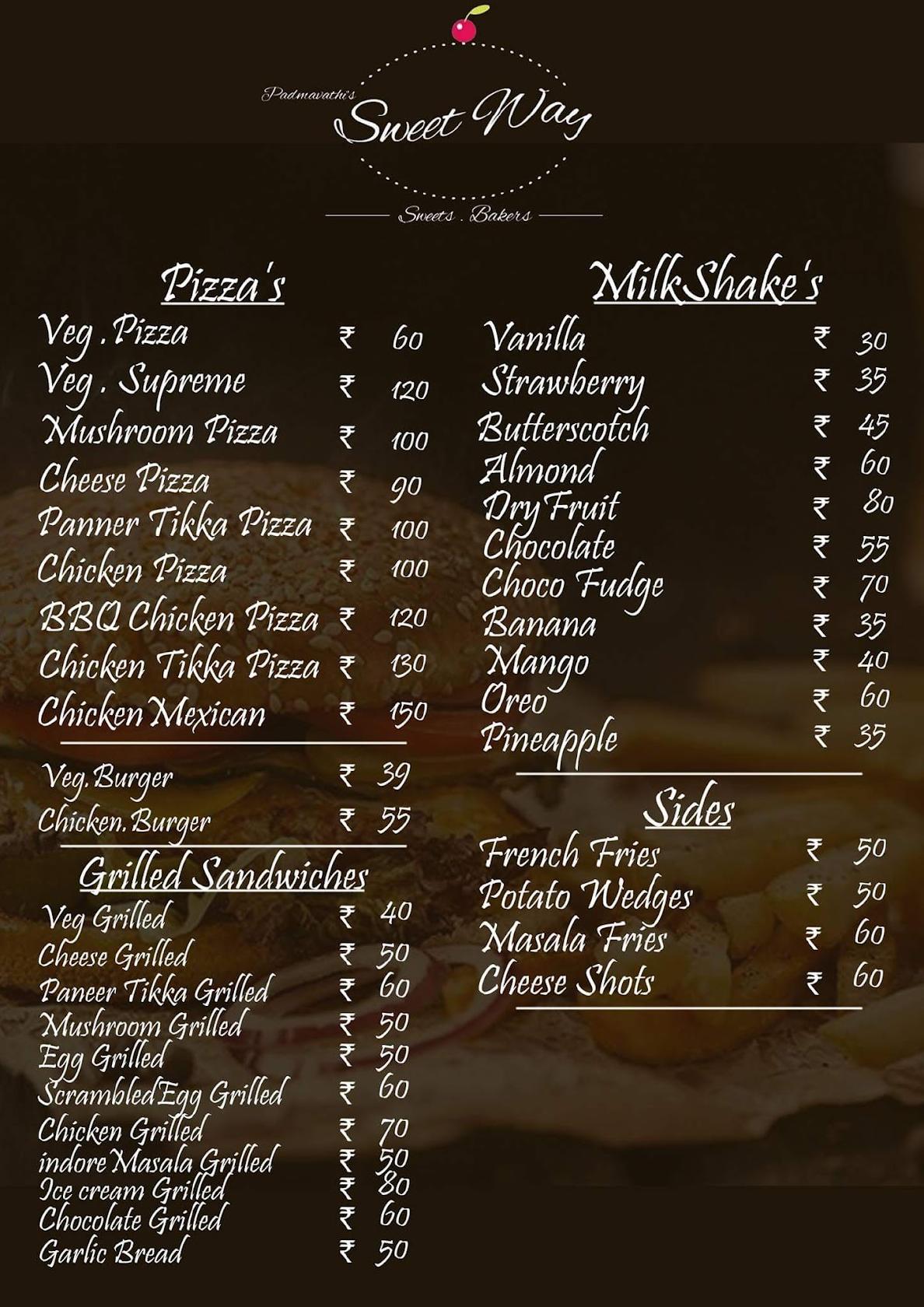 Menu at SweetWay, Vijayawada