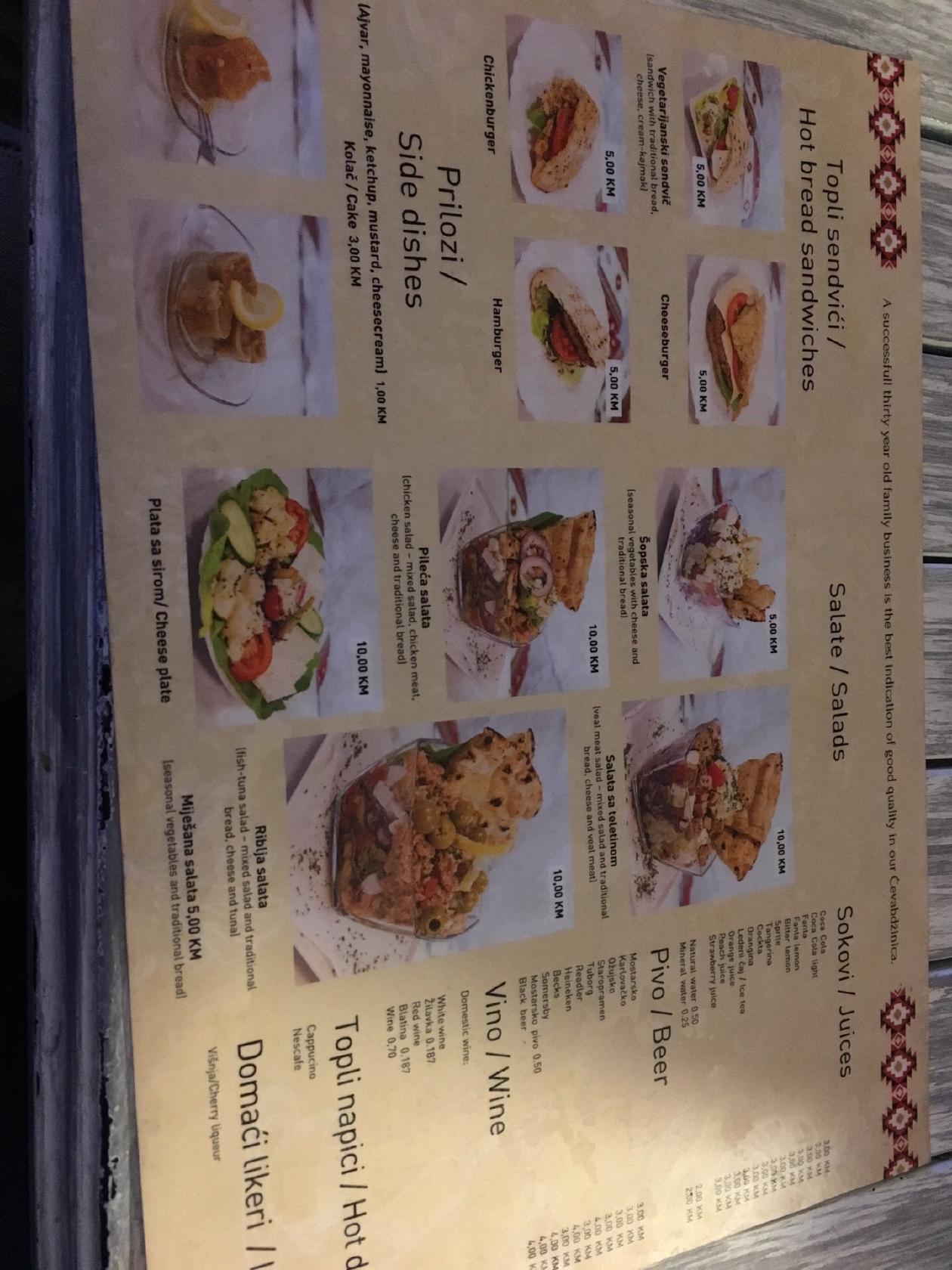 Menu at Tima - Irma restaurant, Mostar