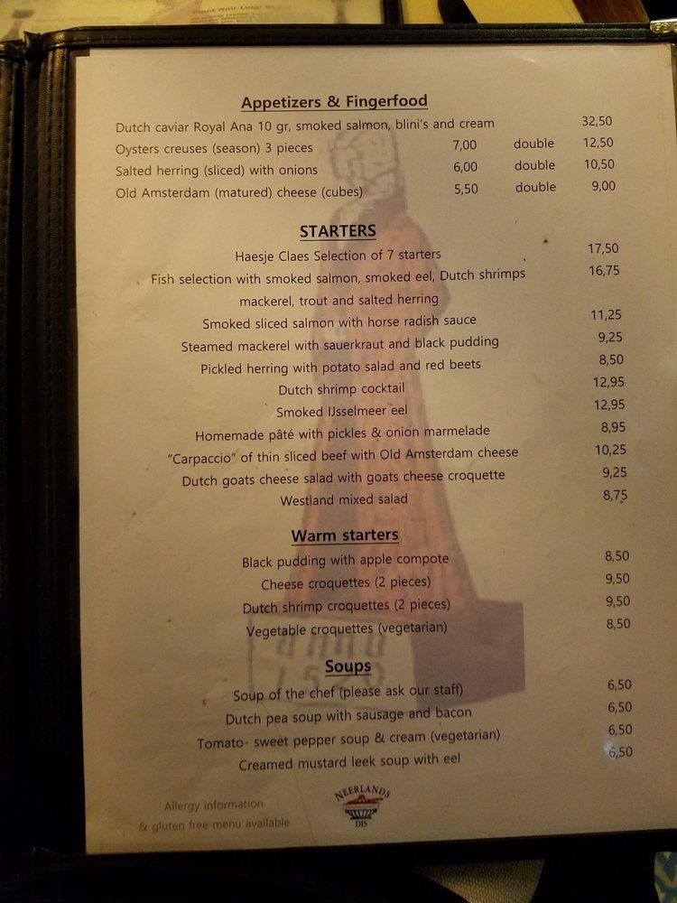 Menu at Haesje Claes Restaurant, Amsterdam