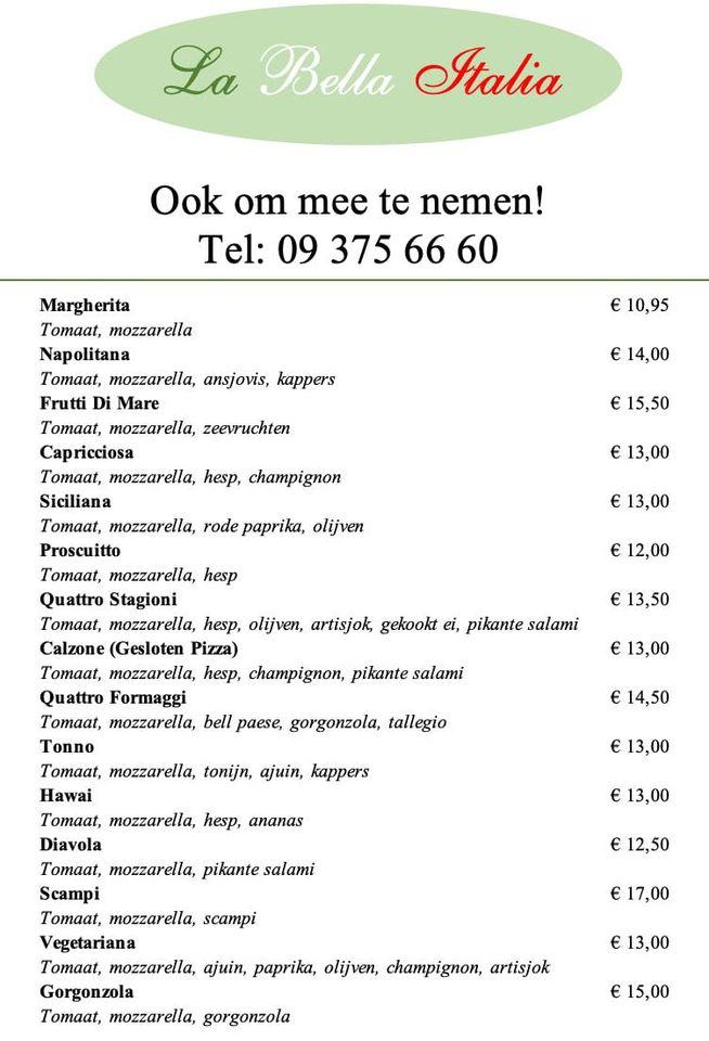 Menu at La Bella Italia, Aalter, Stationsstraat 58