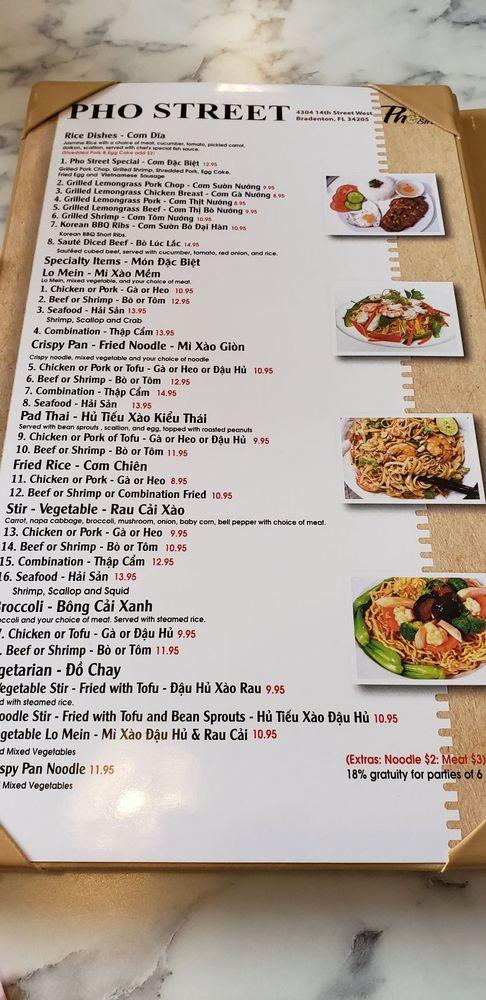 Menu at Pho Street restaurant, Bradenton