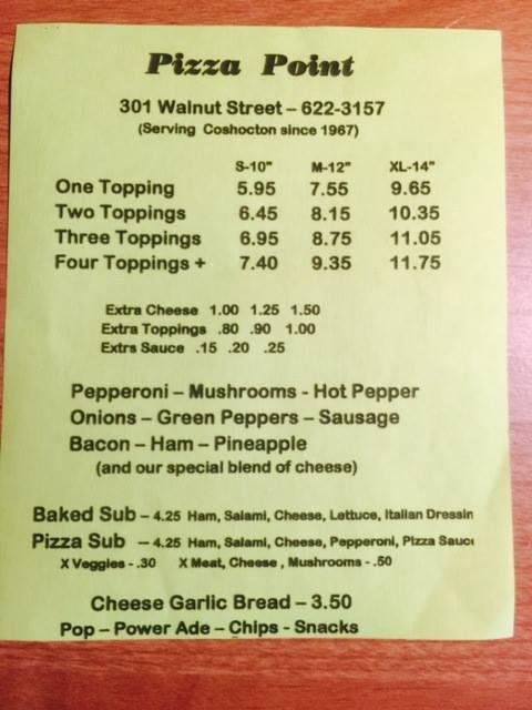 Menu at Pizza Point pizzeria, Coshocton