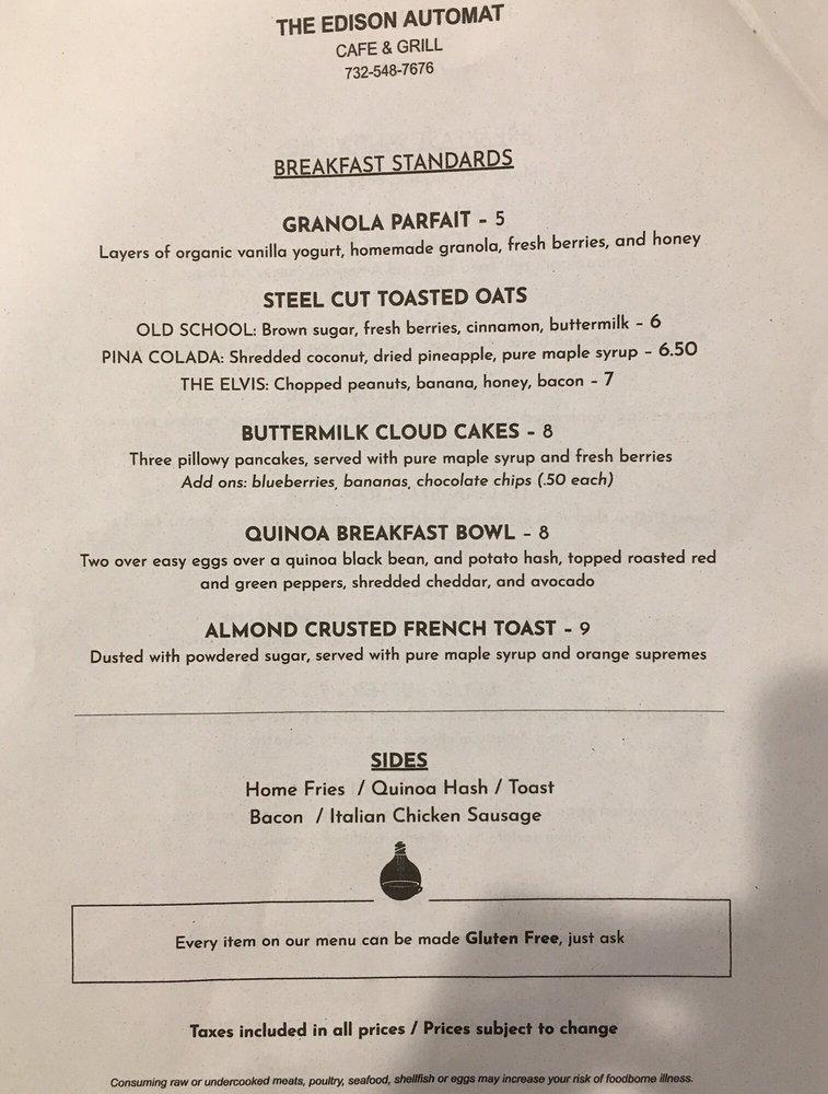 Menu at The Edison Automat cafe, Edison