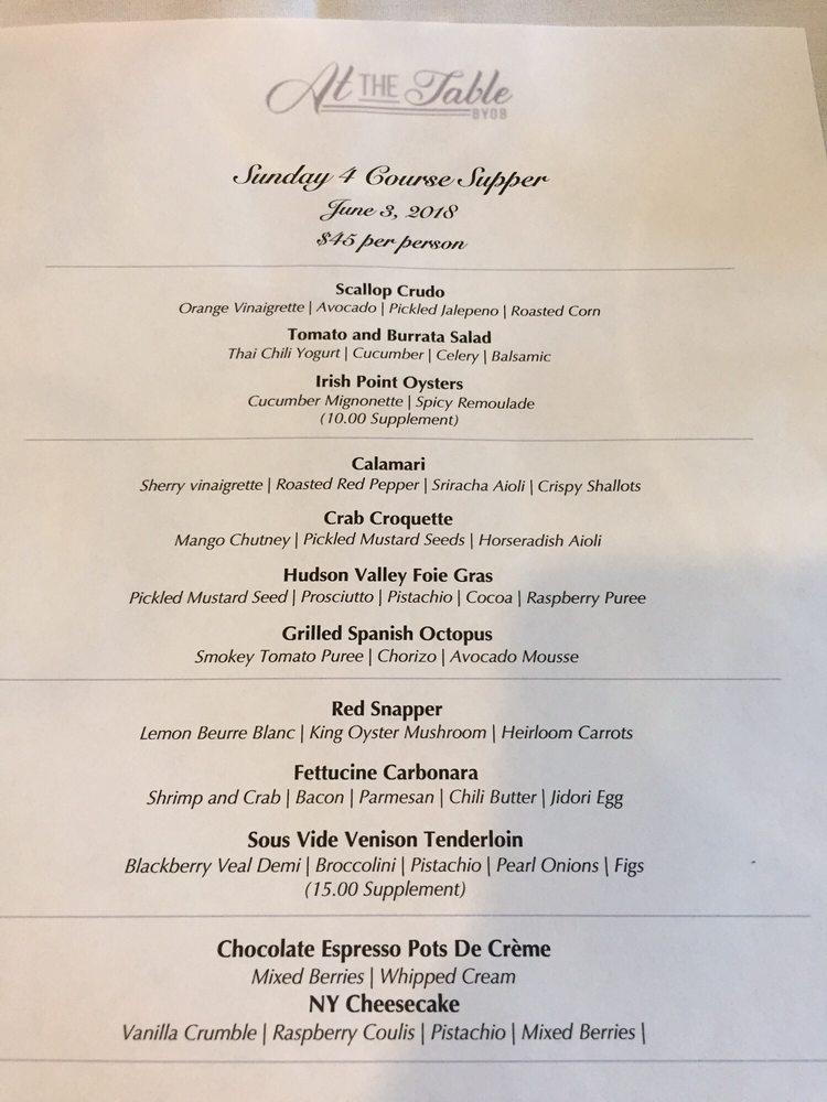 Menu at At The Table BYOB restaurant, Wayne