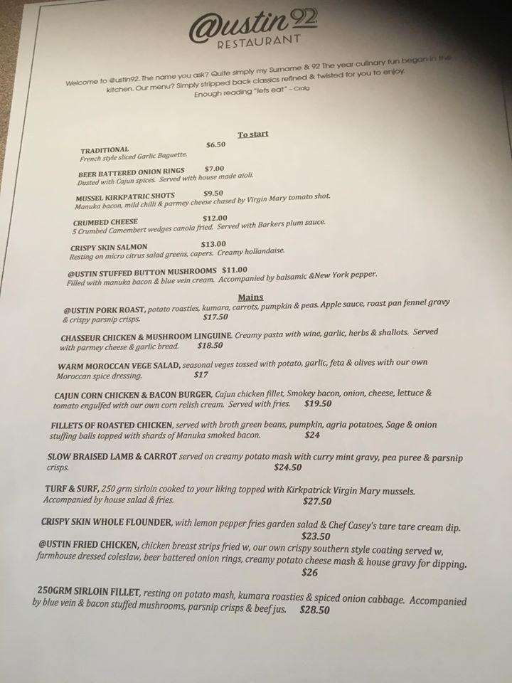 Menu at Austin 92 Resturant restaurant, Temuka