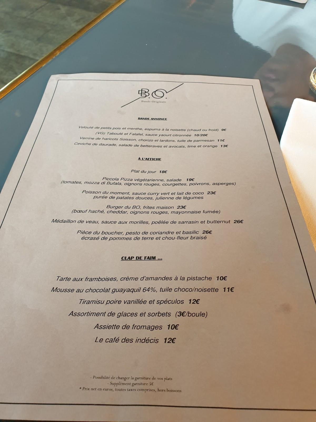 Carta del restaurante B.O., Saint-Denis