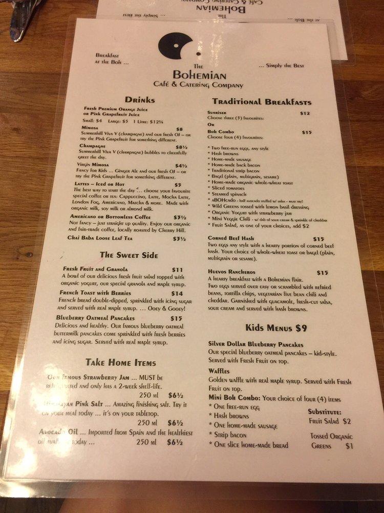 Menu au Bohemian Café & Catering Co., Kelowna