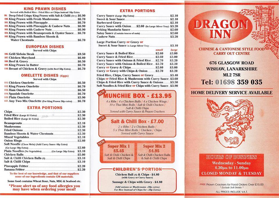 Menu at Dragon Inn fast food, Wishaw