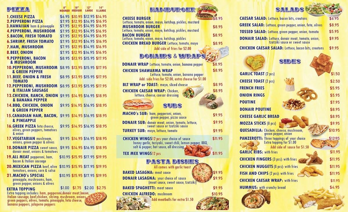 Menu at Machos Pizza and Donair restaurant, St. Albert