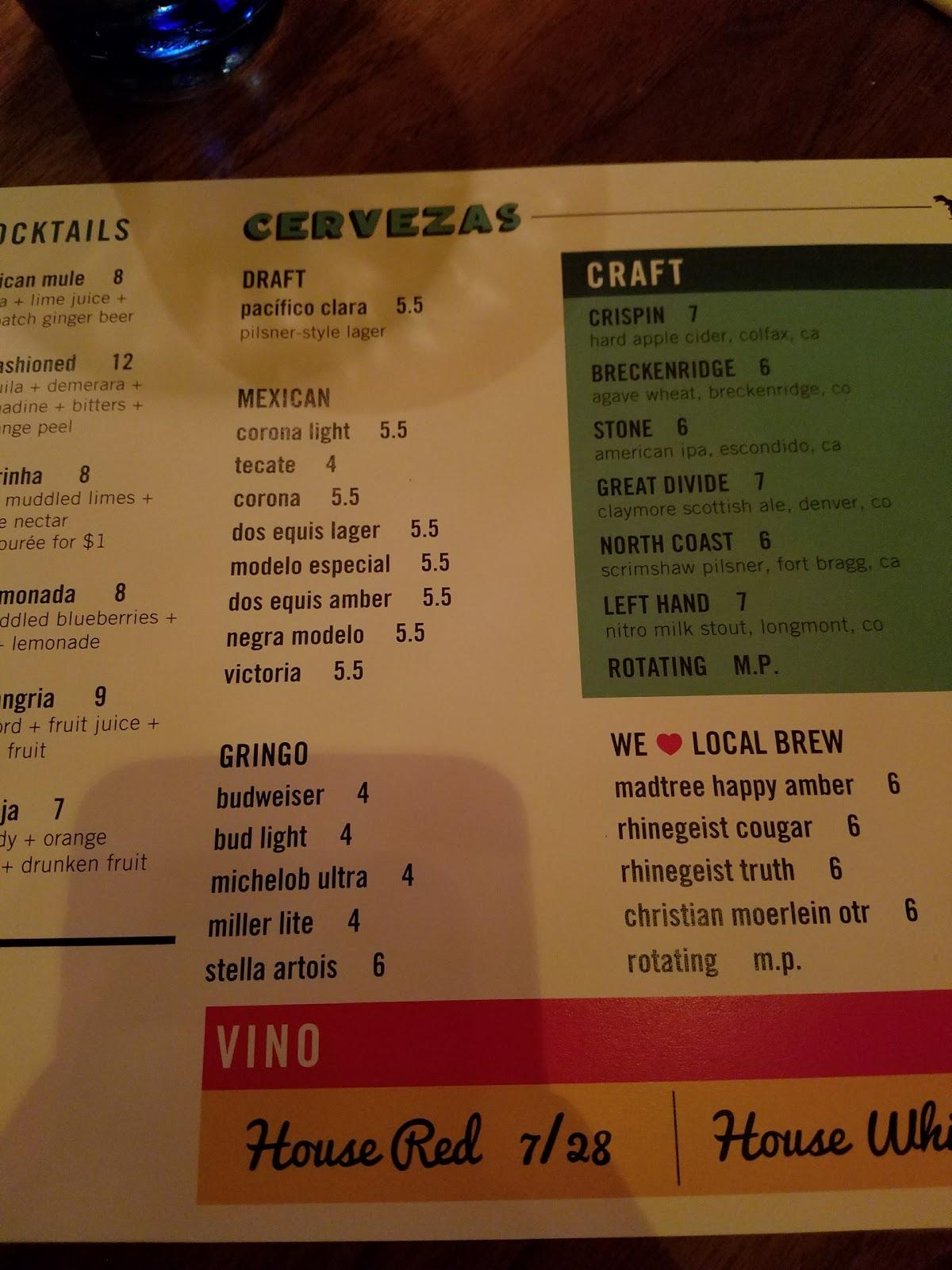 Menu at Nada restaurant, Cincinnati