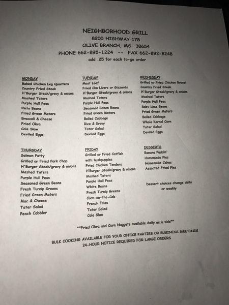 Menu at The Neighborhood Grill restaurant, Olive Branch, MS-178
