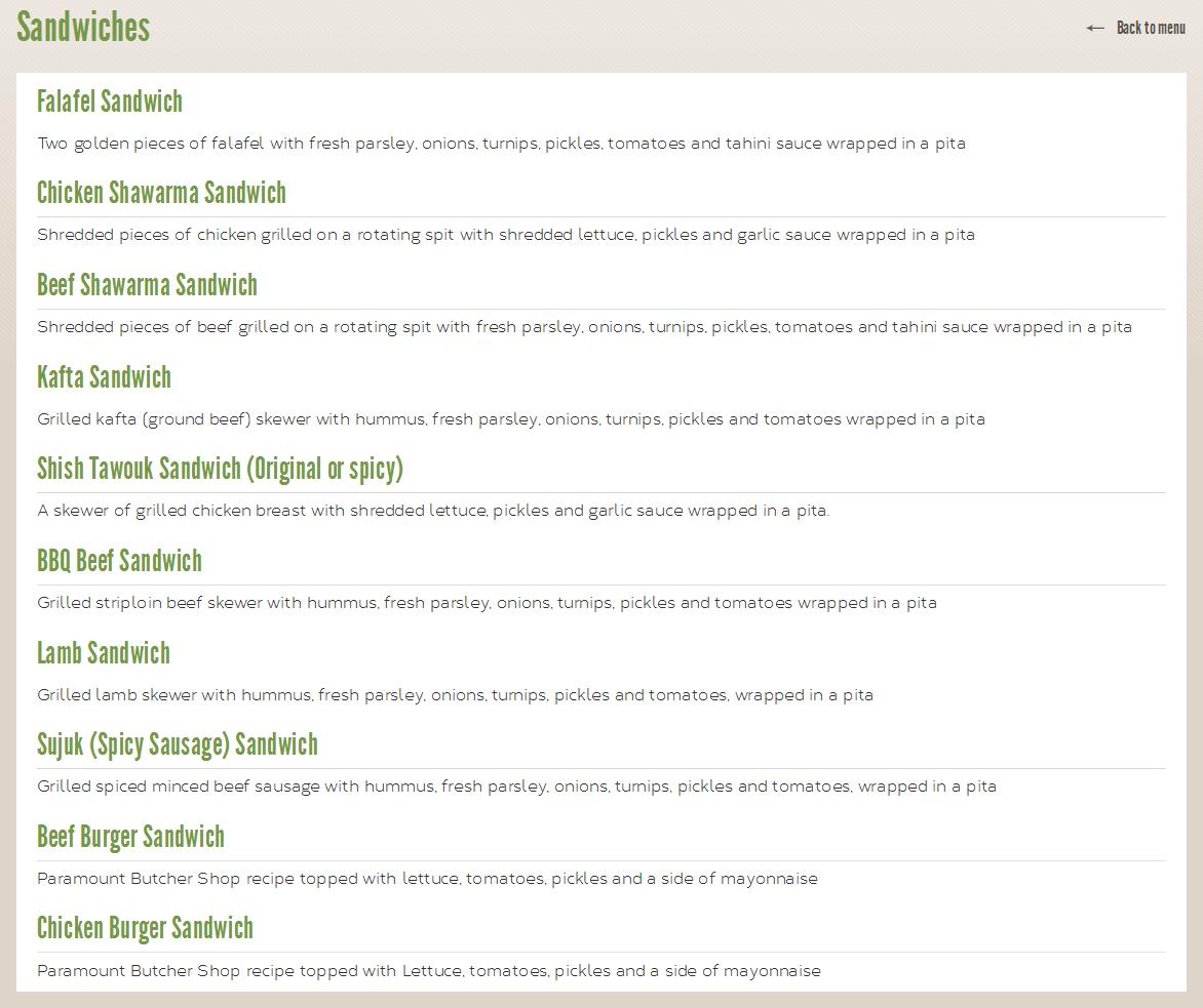 Menu at Paramount Fine Foods restaurant, Edmonton, 167 Ave NW