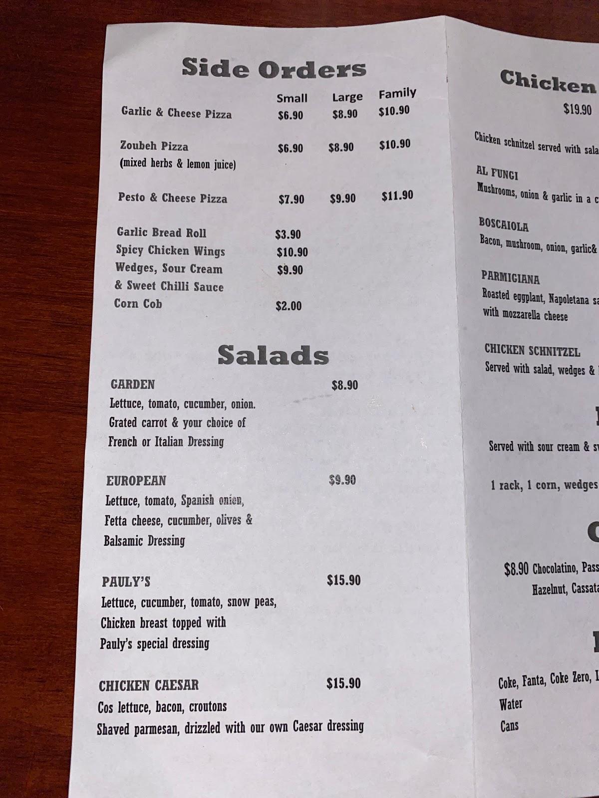 Menu at Pauly's Gourmet Kitchen restaurant, Morisset