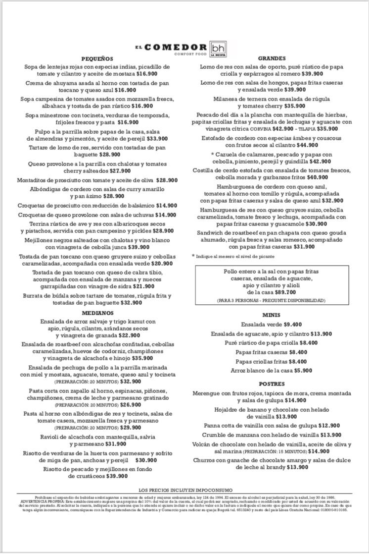 Carta de Restaurante El Comedor, Bogotá, Cra. 5 #74-52