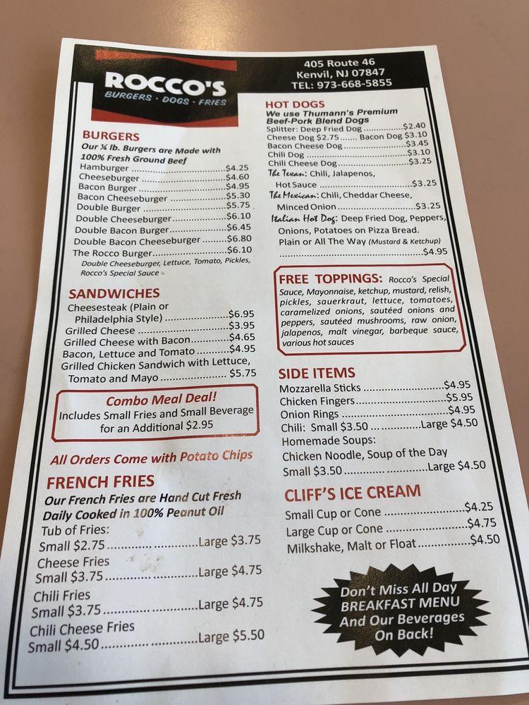 Menu at Rocco's Burgers Dogs and Fries restaurant, Roxbury Township