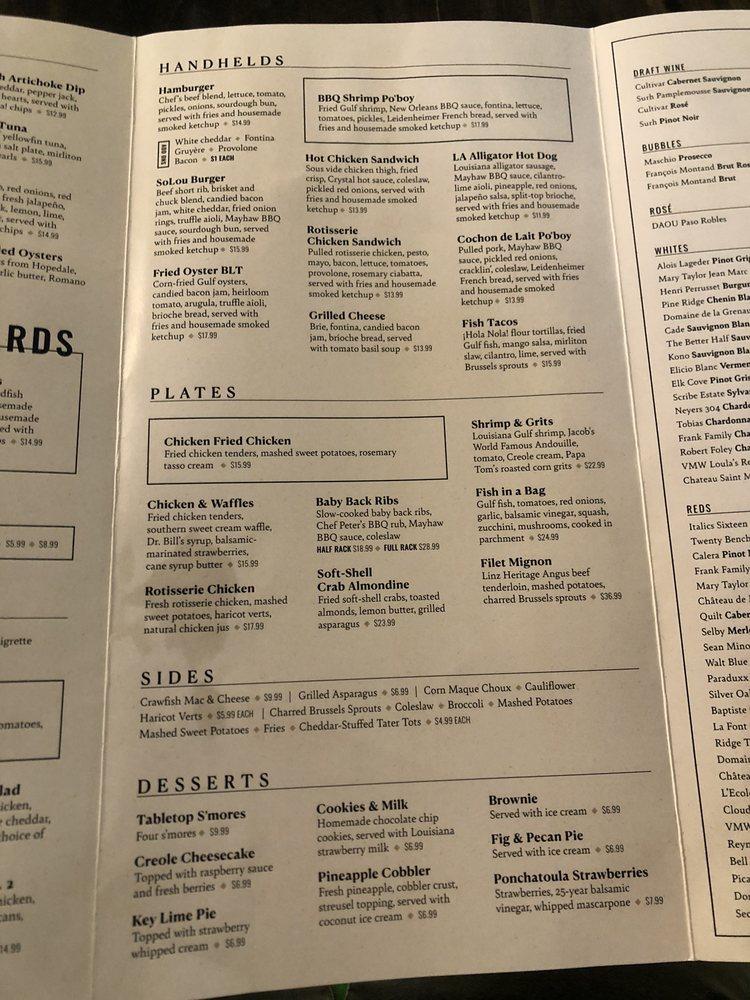 Menu at SoLou restaurant, Baton Rouge