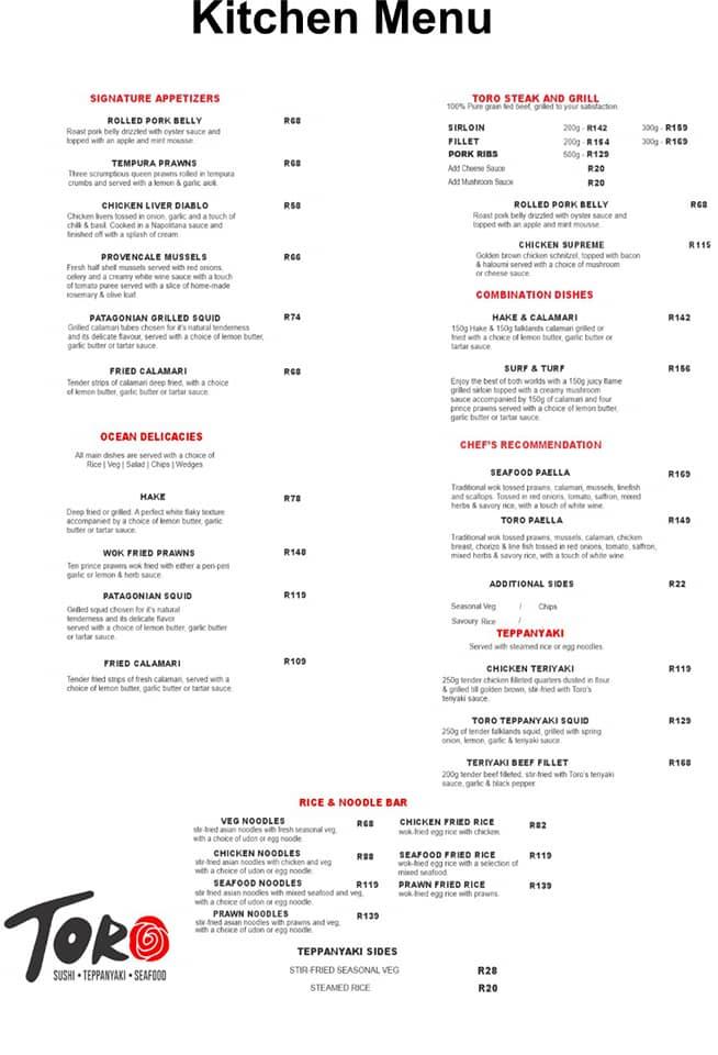Menu at TORO Sushi, Teppanyaki & Seafood restaurant, Port Elizabeth