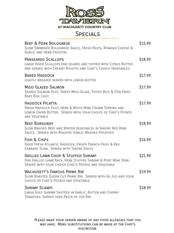 Menu at Ross Tavern at Wachusett Country Club, West Boylston