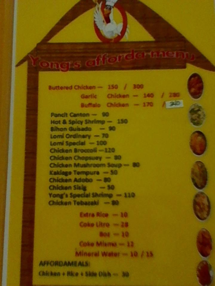 Menu at YONG's Chicken Hauz restaurant, General Santos City