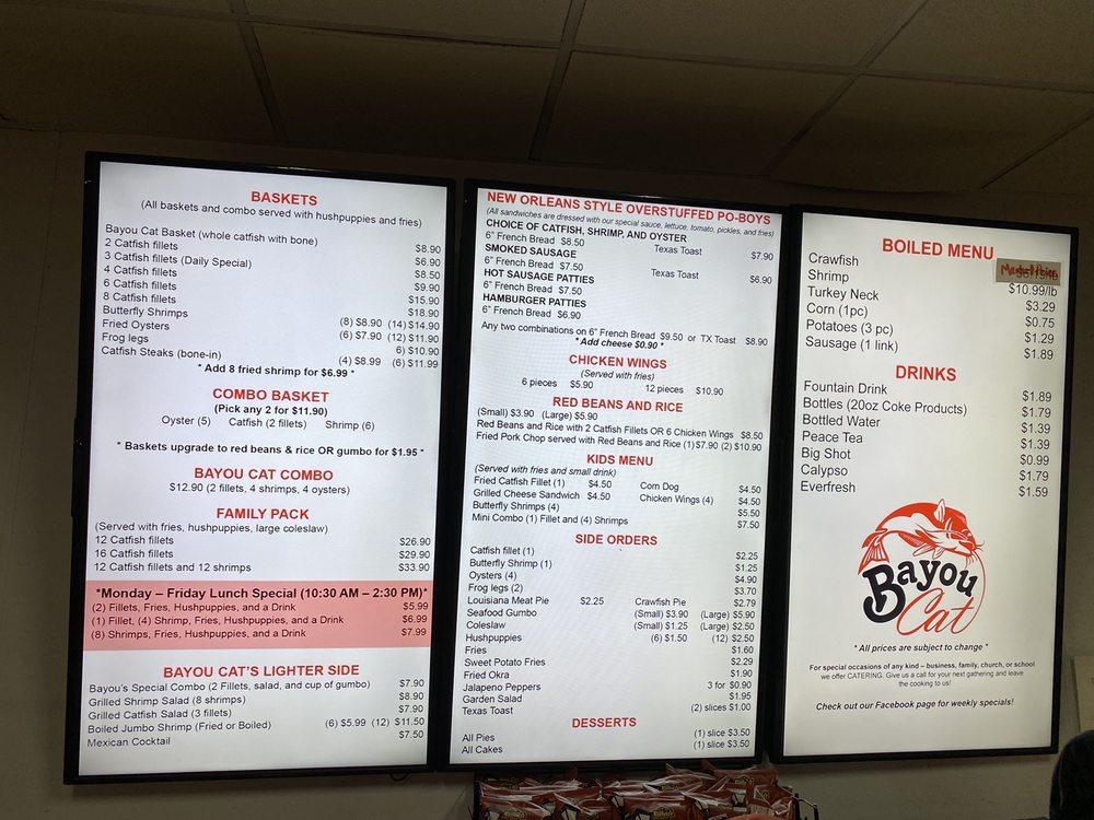 Menu at Bayou Cat restaurant, Arlington