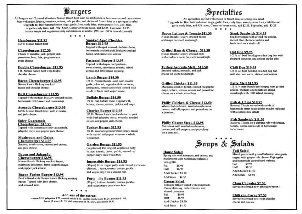 Menu at Burgers & Brew pub & bar, Chico, 301 Broadway St