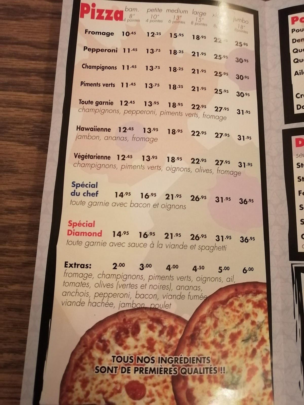 Menu au Restaurant Diamond, Saint-Eustache