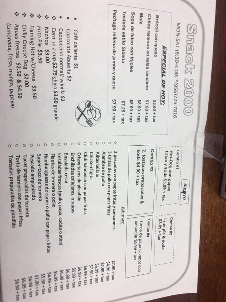 Menu at Snack 2000, Laredo