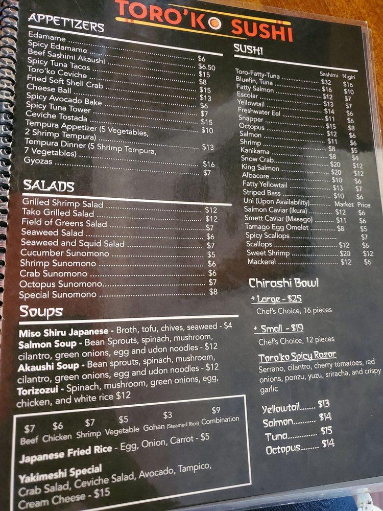 Menu at Toroko Sushi restaurant, San Antonio