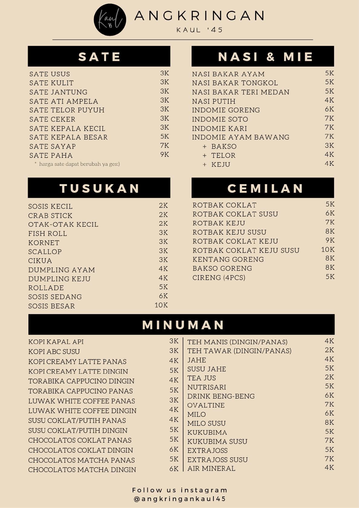 Carta del café Angkringan Kaul 45, Cimandala