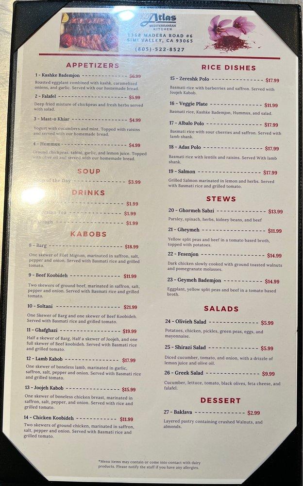 Menu at Atlas Mediterranean Kitchen restaurant, Simi Valley