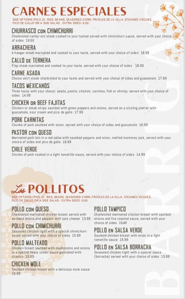 Menu at Barrigas Mexican Restaurant, Garden City