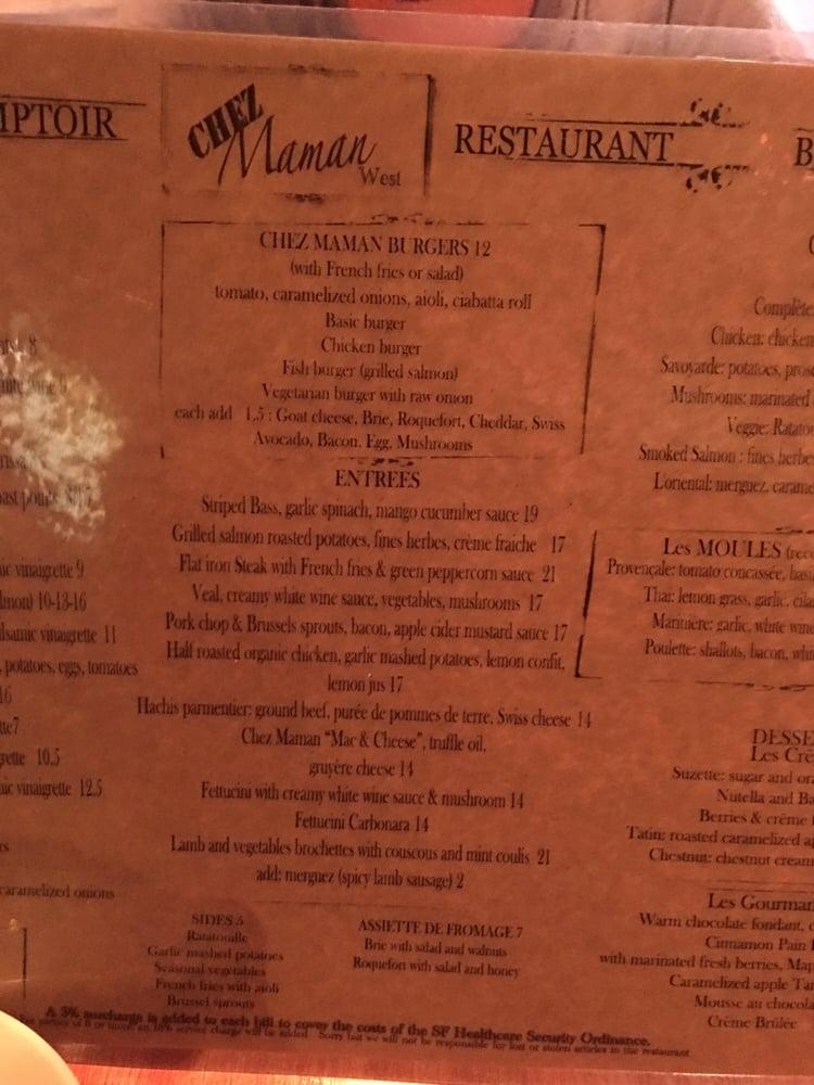 Menu at Chez Maman West restaurant, San Francisco, 401 Gough St