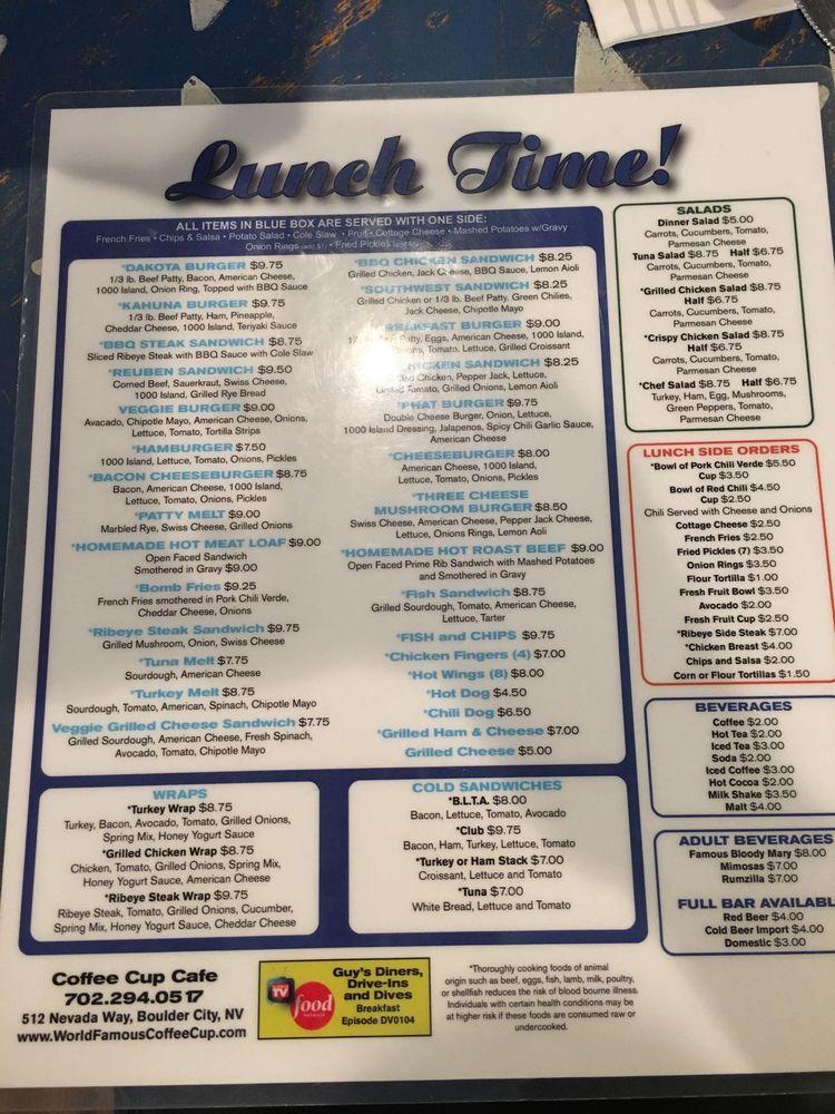 Menu at The Coffee Cup Cafe, Boulder City