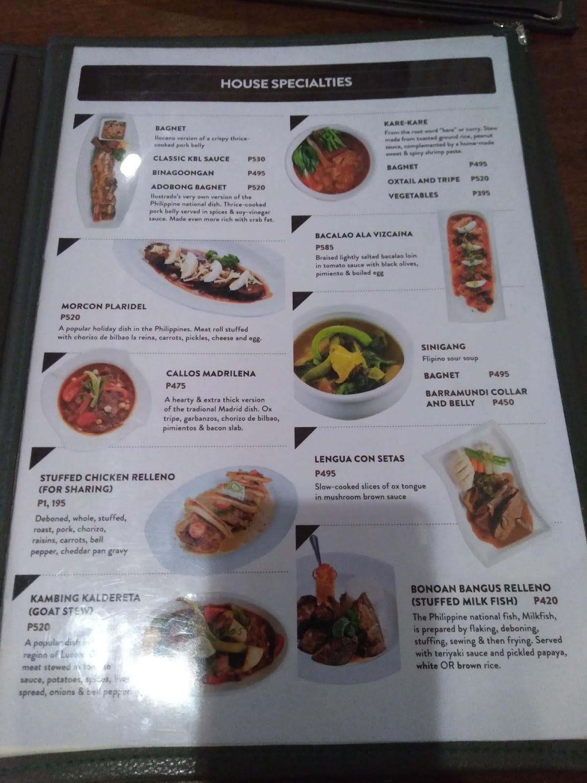 Menu at Ilustrado Restaurant, Manila, 744 General Luna St