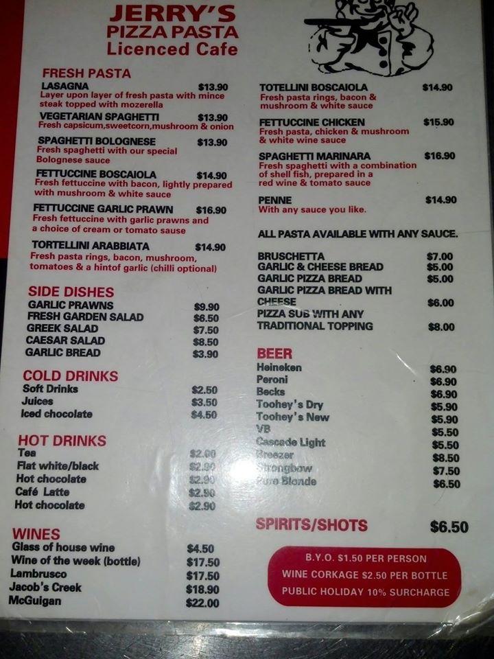 Menu at Jerry's Famous Pizza pizzeria, Manly