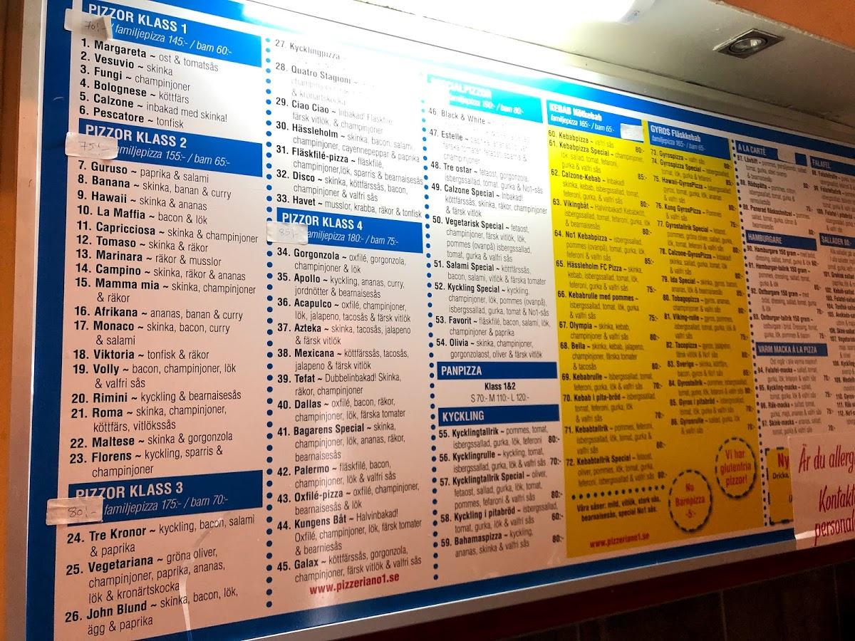 Menu at Pizzeria No1, Hässleholm, Åkaregatan 20B