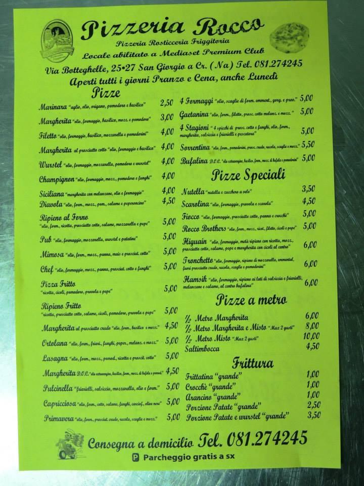 Menu at Pizzeria Rocco, San Giorgio a Cremano