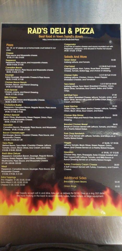 Menu at Rad's Deli and Pizza pizzeria, Chinook