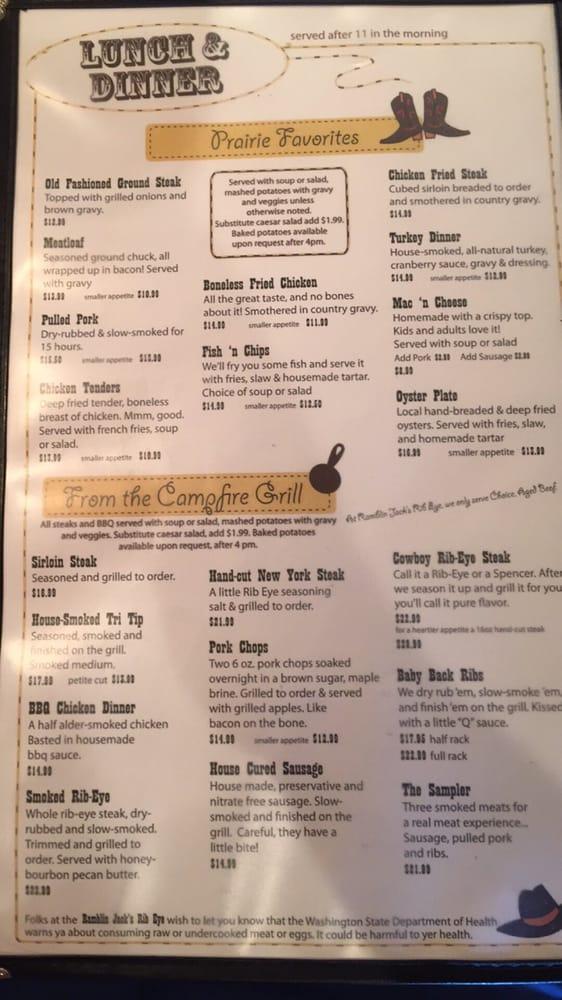Menu at Ramblin Jacks Rib Eye steakhouse, Napavine