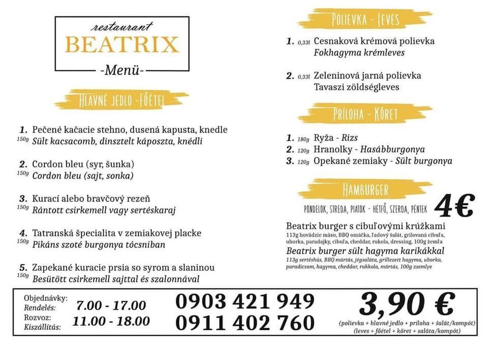 Menu at Reštaurácia Beatrix restaurant, Veľký Meder
