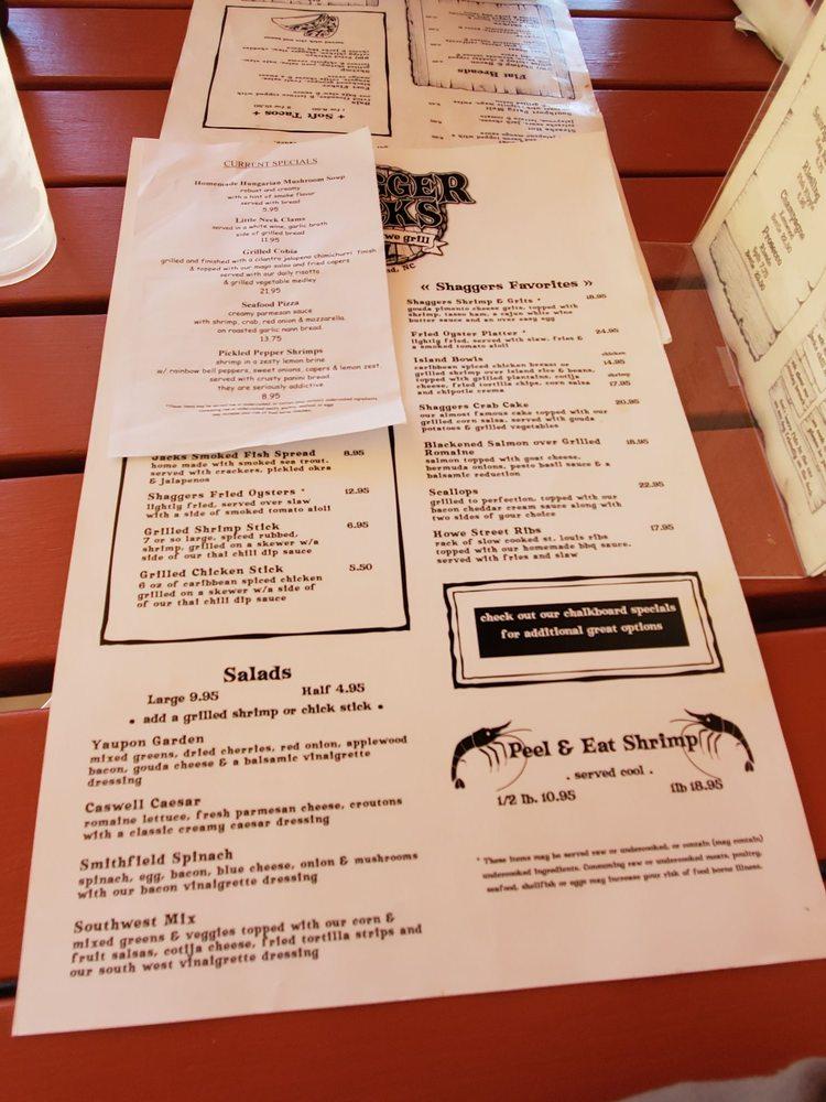 Menu at Shagger Jacks restaurant, Oak Island