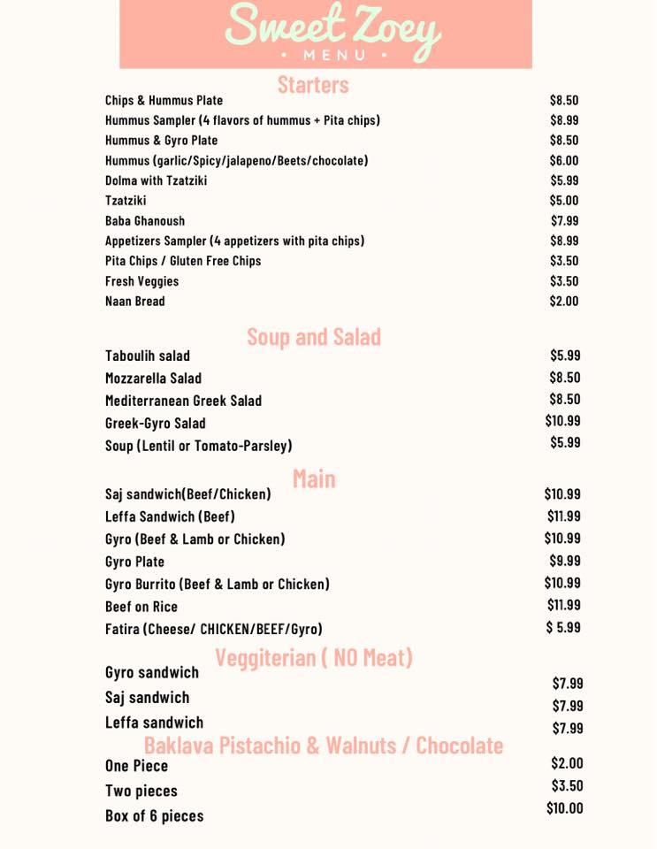 Menu at Sweet Zoey restaurant, Casper