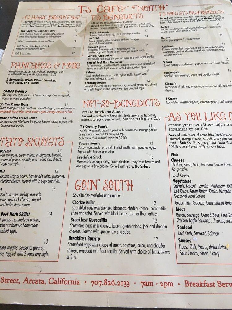 Menu at T's Cafe North, Arcata